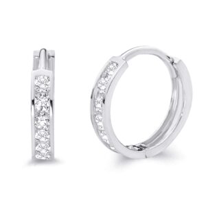 14k real white gold 2mm thickness cz channel set hoop huggie earrings (11 x 11 mm)