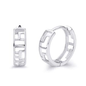 14k real white gold 4mm thickness greek key huggie earrings (12 x 12 mm)