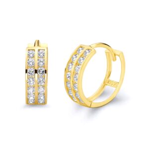 14k real yellow gold 5mm thickness cz channel set hoop huggie earrings (15 x 15 mm)