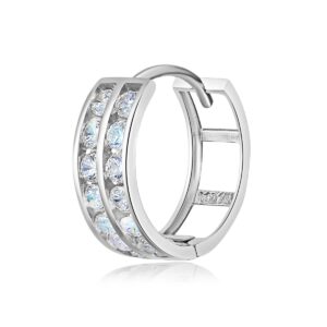 14k REAL White Gold 5mm Thickness CZ Channel Set Hoop Huggie Earrings (15 x 15 mm)