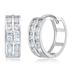 14k REAL White Gold 5mm Thickness CZ Channel Set Hoop Huggie Earrings (15 x 15 mm)