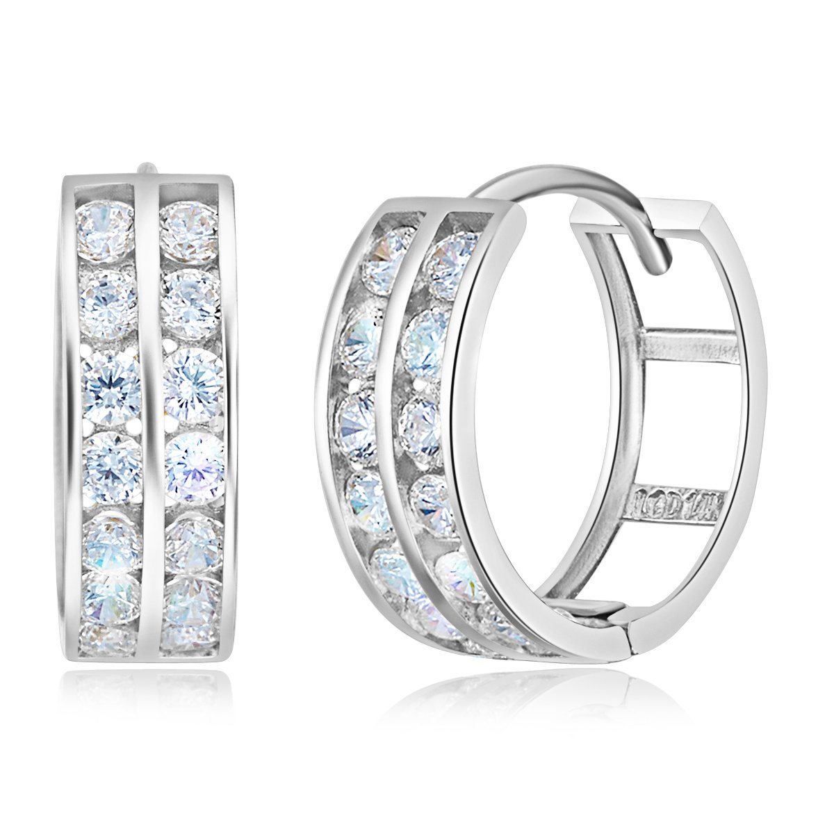 14k REAL White Gold 5mm Thickness CZ Channel Set Hoop Huggie Earrings (15 x 15 mm)