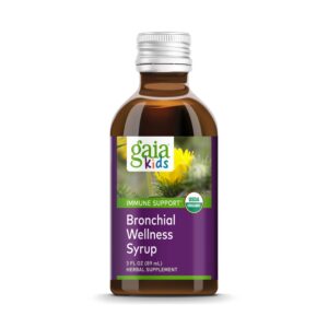 gaia kids bronchial wellness syrup - immune support supplement - overall throat & lung health support - certified organic formula with english plantain, grindelia & honey - 3 fl oz (18 servings)