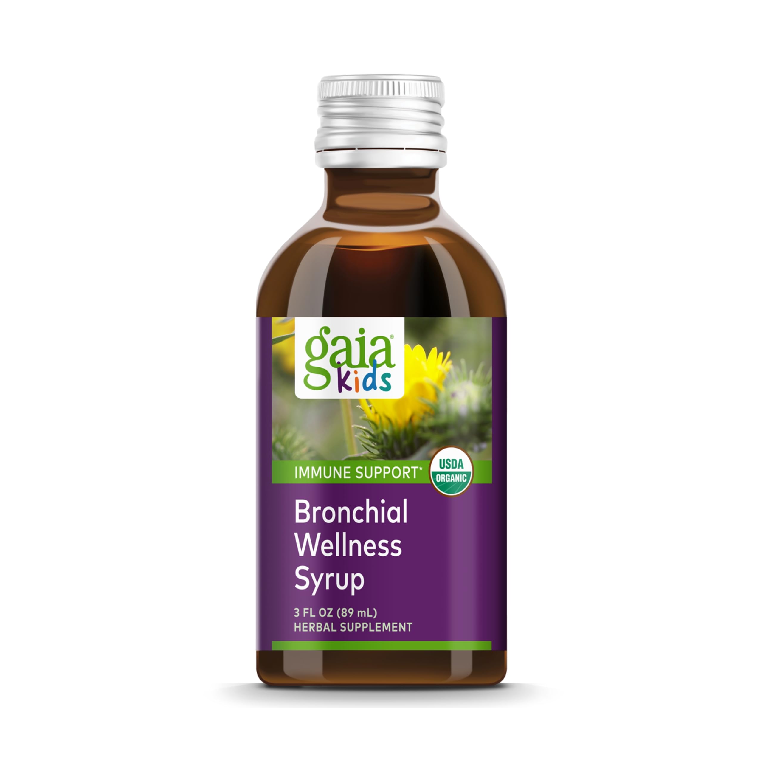 Gaia Kids Bronchial Wellness Syrup - Immune Support Supplement - Overall Throat & Lung Health Support - Certified Organic Formula with English Plantain, Grindelia & Honey - 3 Fl Oz (18 Servings)