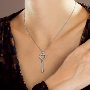 Jewelili Heart Key Necklace Pendant in Sterling Silver with Natural White Diamonds 1/10 CTTW and 18 inch Rolo Chain