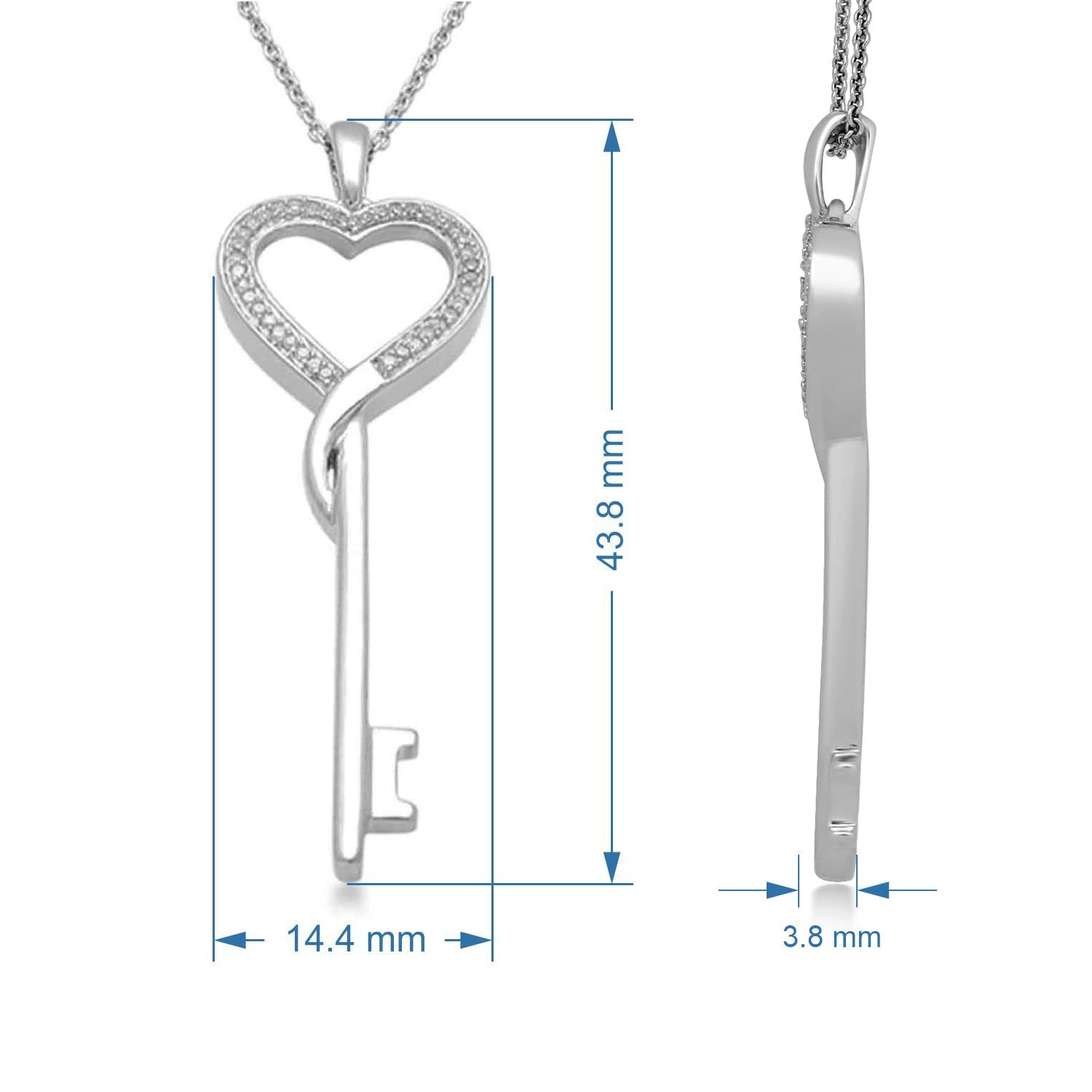 Jewelili Heart Key Necklace Pendant in Sterling Silver with Natural White Diamonds 1/10 CTTW and 18 inch Rolo Chain