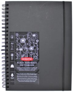 derwent black paper sketch book - a4 portrait, 40 sheets, acid-free paper, wirebound spine, professional quality, black book, 2300379