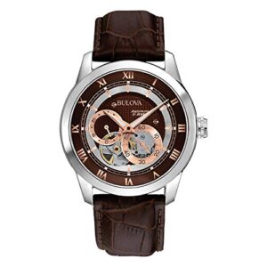 bulova men's 42mm sutton automatic watch with 24-hour sub dial, exhibition caseback, and luminous hands