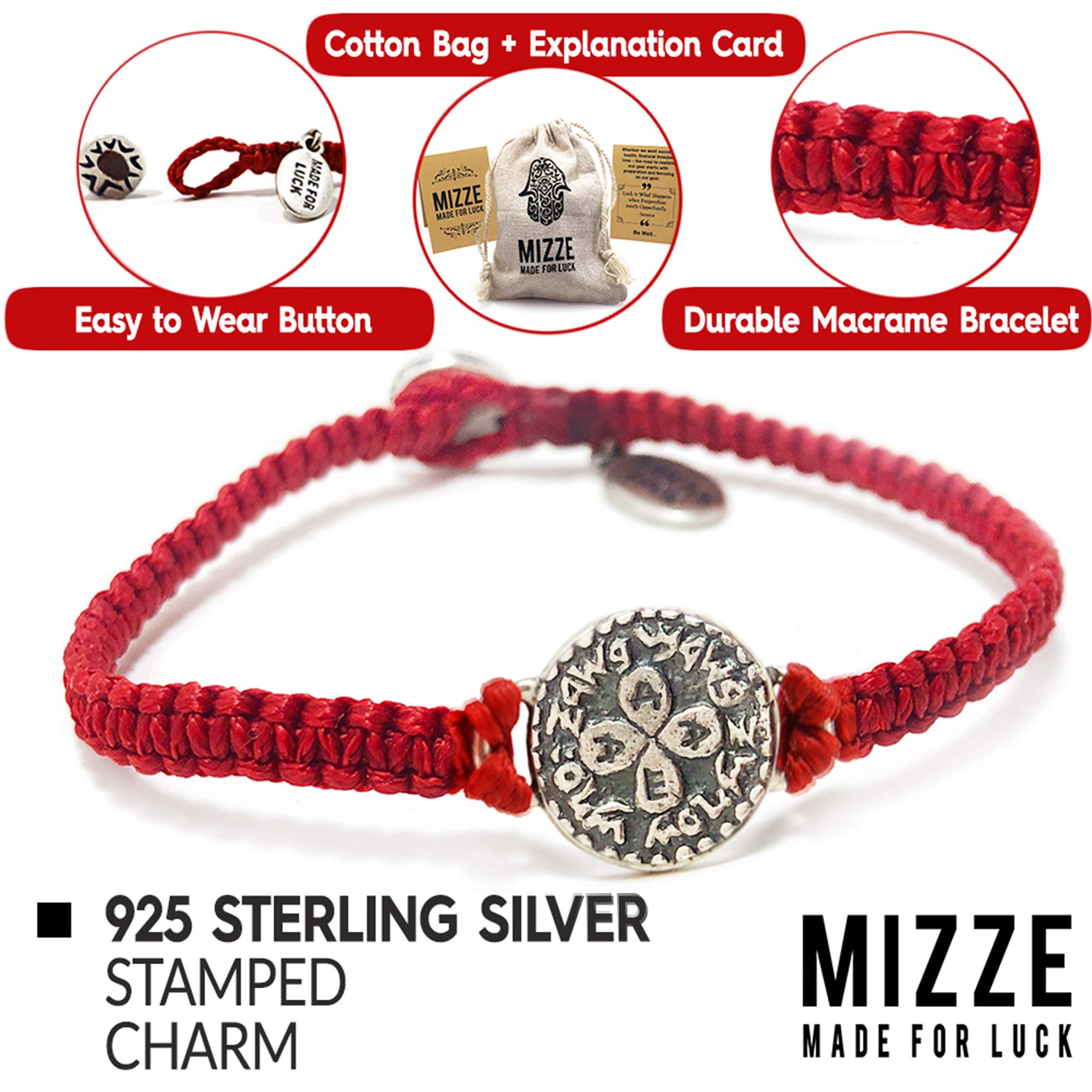 Women's 7" Red Macrame Love Bracelet with Sterling Silver Love Coin Charm Amulet - Sturdy & Elegant gift for Mom, Romantic Gift for Girlfriend or Lover