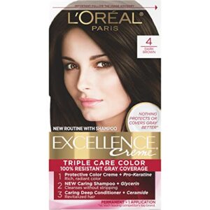 l'oreal paris excellence creme permanent hair color, 4 dark brown, 100 percent gray coverage hair dye, pack of 1