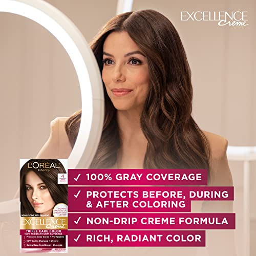 L'Oreal Paris Excellence Creme Permanent Hair Color, 4 Dark Brown, 100 percent Gray Coverage Hair Dye, Pack of 1