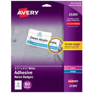 avery flexible printable name tags, 2-1/3" x 3-3/8", matte white, 80 removable name badges (25395)