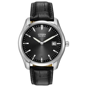 citizen men's classic eco-drive leather strap watch, date, luminous hands and markers, black dial, black strap/stainless steel