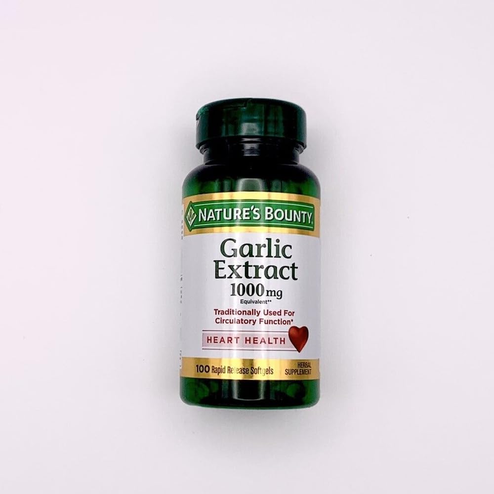 Nature's Bounty Garlic Extract 1000 mg, Promotes Heart Health and Cholesterol Support100 Rapid Release Softgels, contains Soybean oil, gelatin, vegetable glycerin.