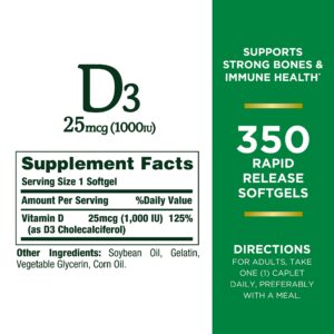 Nature's Bounty Vitamin D3 1000 IU Softgels, Immune Support, Promotes Healthy Bones, 350 Ct