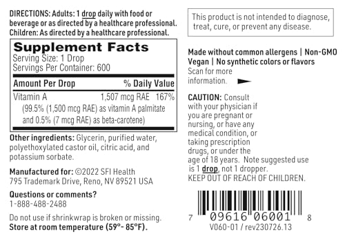 Klaire Labs Micellized Vitamin A Liquid 5000 IU VIT A Per Drop - Vitamin A Palmitate & Beta Carotene Drops - Eye & Immune Support - Hypoallergenic Bioavailable Liquid Supplement (1 oz / 600 Servings)