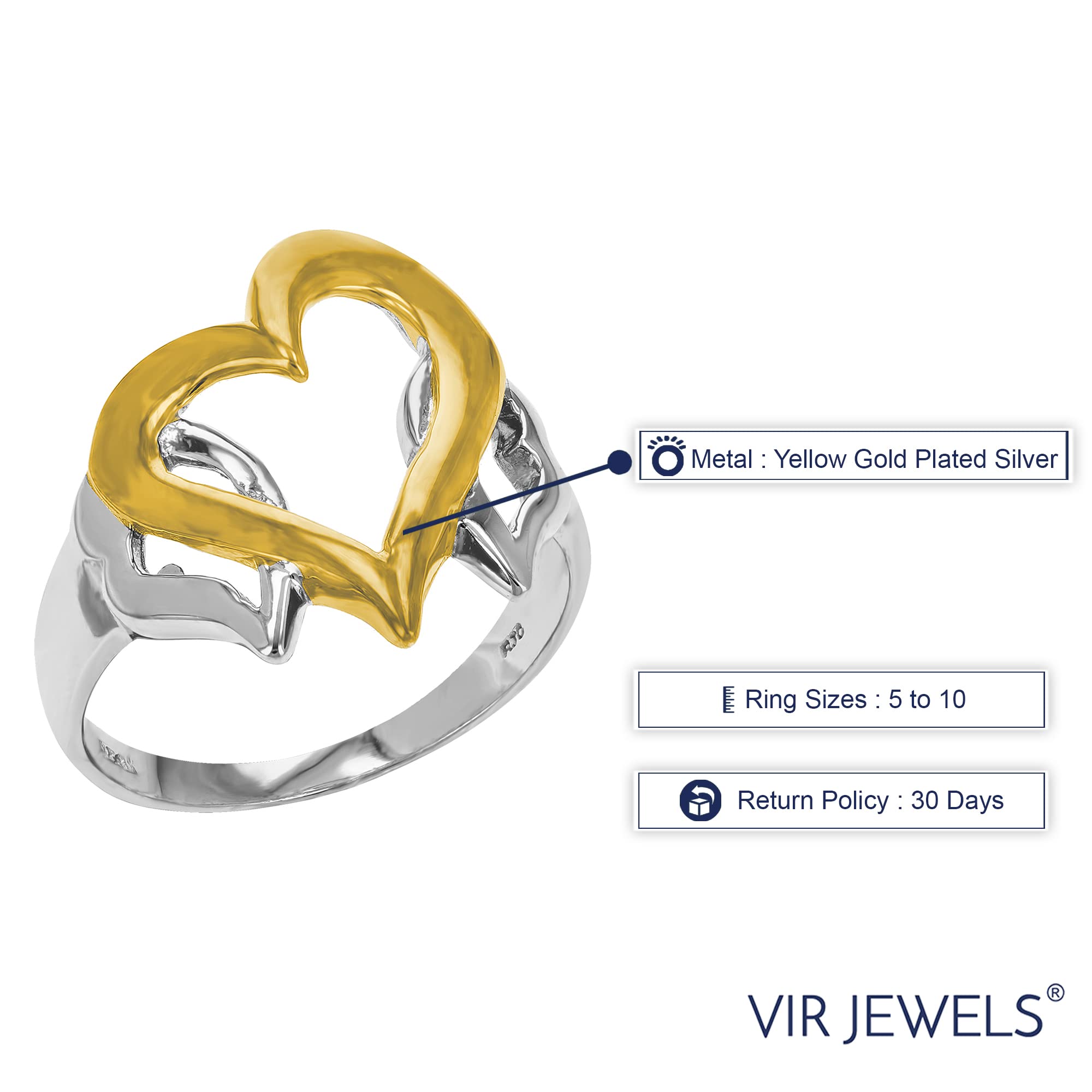 VIR JEWELS Three Hearts Fashion Ring for Women in Yellow Gold Plated over .925 Sterling Silver Size 9