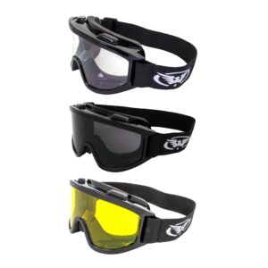 global vision 3 pair windshield padded goggle clear smoke & yellow lens fits over most glasses antifog coating great for paintball airsoft atv motorcycle meets ansi z87.1 standards for safety eyewear