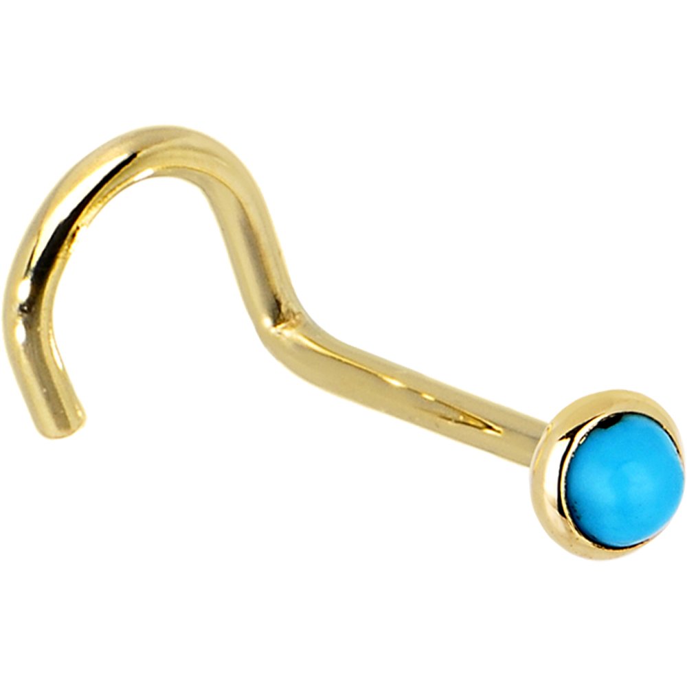 Body Candy Solid 14k Yellow Gold 2mm Turquoise Right Nose Stud Screw 20 Gauge 1/4"