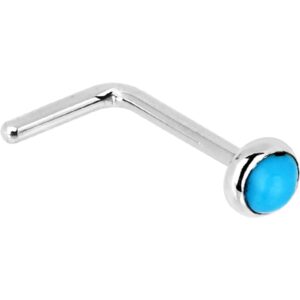 body candy solid 14k white gold 2mm turquoise l shaped nose stud ring 20 gauge 1/4"