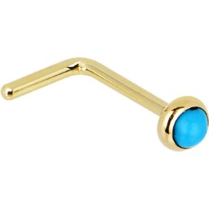 body candy solid 14k yellow gold 2mm turquoise l shaped nose stud ring 20 gauge 1/4"