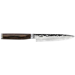 shun premier 5-inch steak knife; hand-sharpened, double-bevel proprietary stainless steel, damascus-clad blade; hammered tsuchime finish; contoured walnut pakkawood handle; handcrafted in japan