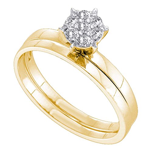 Size - 10 - 10k Yellow Gold Diamond Ladies Womens Classic Traditional Bridal Engagement Ring with Matching Plain Solid Wedding Band Two 2 Ring Set Invisible Solitaire Style Center Setting Pave Channel Set Round Cut Diamond Ring 2mm (1/10 cttw)