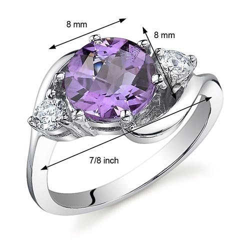 PEORA Amethyst 3-Stone Ring for Women 925 Sterling Silver, Natural Gemstone, 1.75 Carats Round Shape 8mm, Size 5