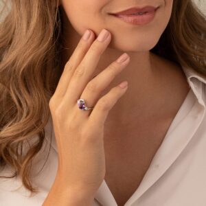 PEORA Amethyst 3-Stone Ring for Women 925 Sterling Silver, Natural Gemstone, 1.75 Carats Round Shape 8mm, Size 5