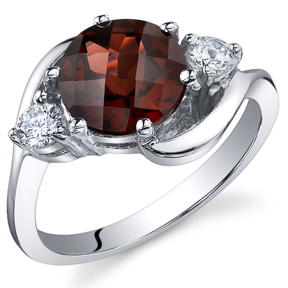 PEORA Garnet 3-Stone Ring for Women 925 Sterling Silver, Natural Gemstone, 2.25 Carats Round Shape 8mm, Size 9