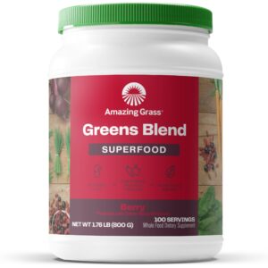 Amazing Grass Greens Superfood Powder: Greens Powder with Digestive Enzymes & Probiotics, Organic Spirulina, Chlorella, and Beet Root Powder, Berry, 100 Servings