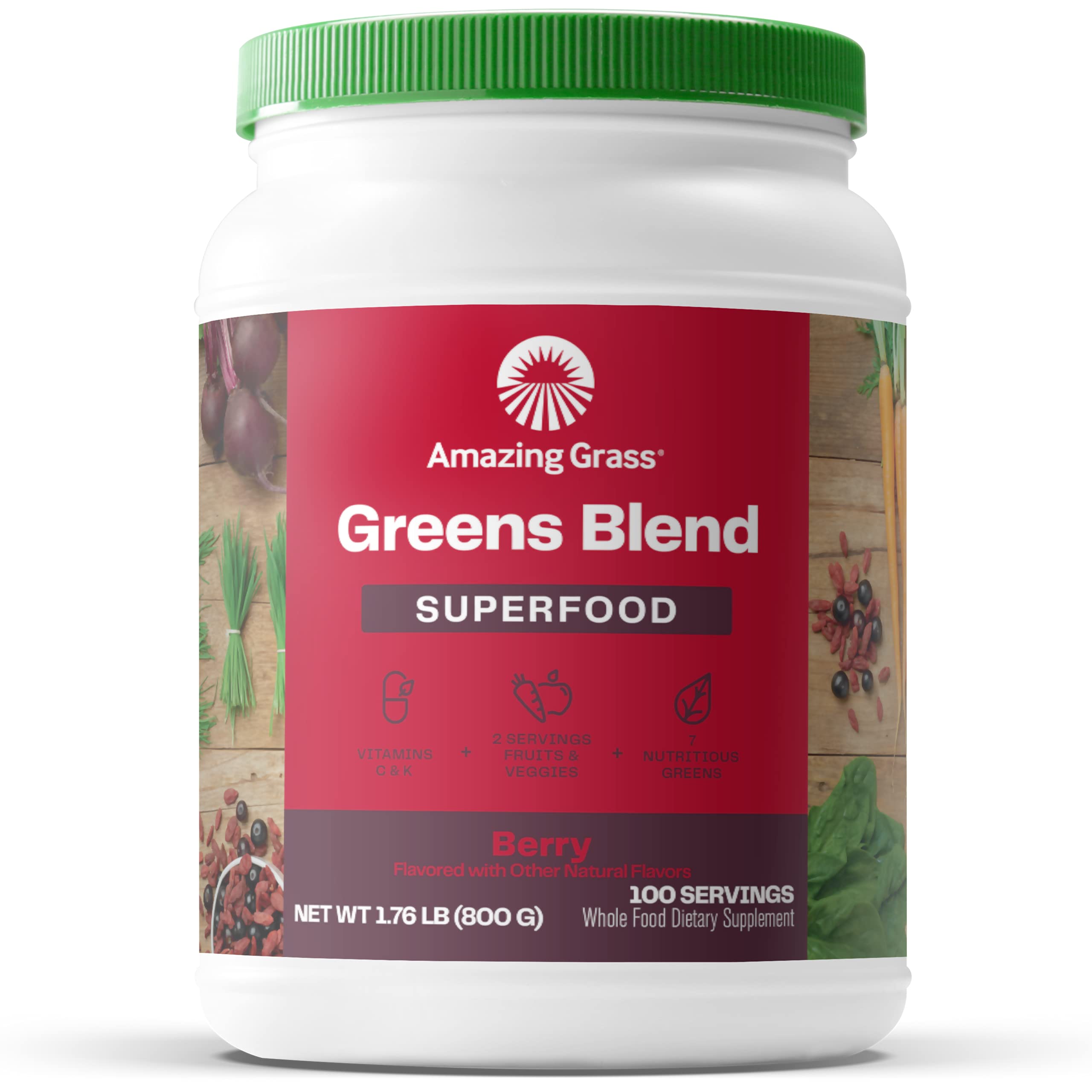 Amazing Grass Greens Superfood Powder: Greens Powder with Digestive Enzymes & Probiotics, Organic Spirulina, Chlorella, and Beet Root Powder, Berry, 100 Servings