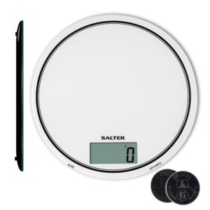 salter 1080 whdr12 mono circular electronic digital kitchen scale, 5kg, zero add & weigh function, measure liquids/fluids, touch sensitive, hygienic easy clean glass platform, measure in g/oz, white