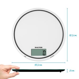 Salter 1080 WHDR12 Mono Circular Electronic Digital Kitchen Scale, 5KG, Zero Add & Weigh Function, Measure Liquids/Fluids, Touch Sensitive, Hygienic Easy Clean Glass Platform, Measure in g/oz, White