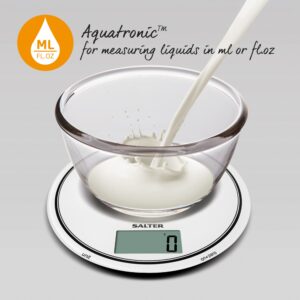 Salter 1080 WHDR12 Mono Circular Electronic Digital Kitchen Scale, 5KG, Zero Add & Weigh Function, Measure Liquids/Fluids, Touch Sensitive, Hygienic Easy Clean Glass Platform, Measure in g/oz, White