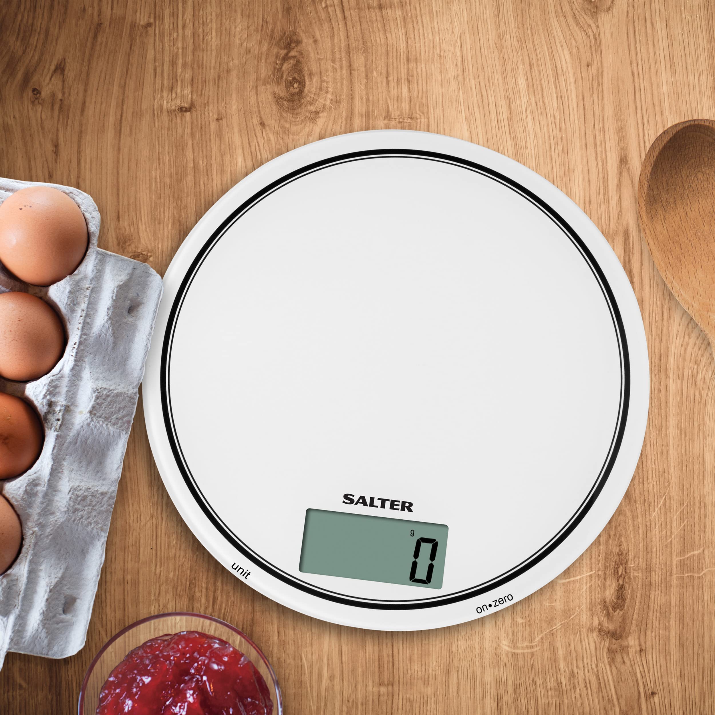 Salter 1080 WHDR12 Mono Circular Electronic Digital Kitchen Scale, 5KG, Zero Add & Weigh Function, Measure Liquids/Fluids, Touch Sensitive, Hygienic Easy Clean Glass Platform, Measure in g/oz, White