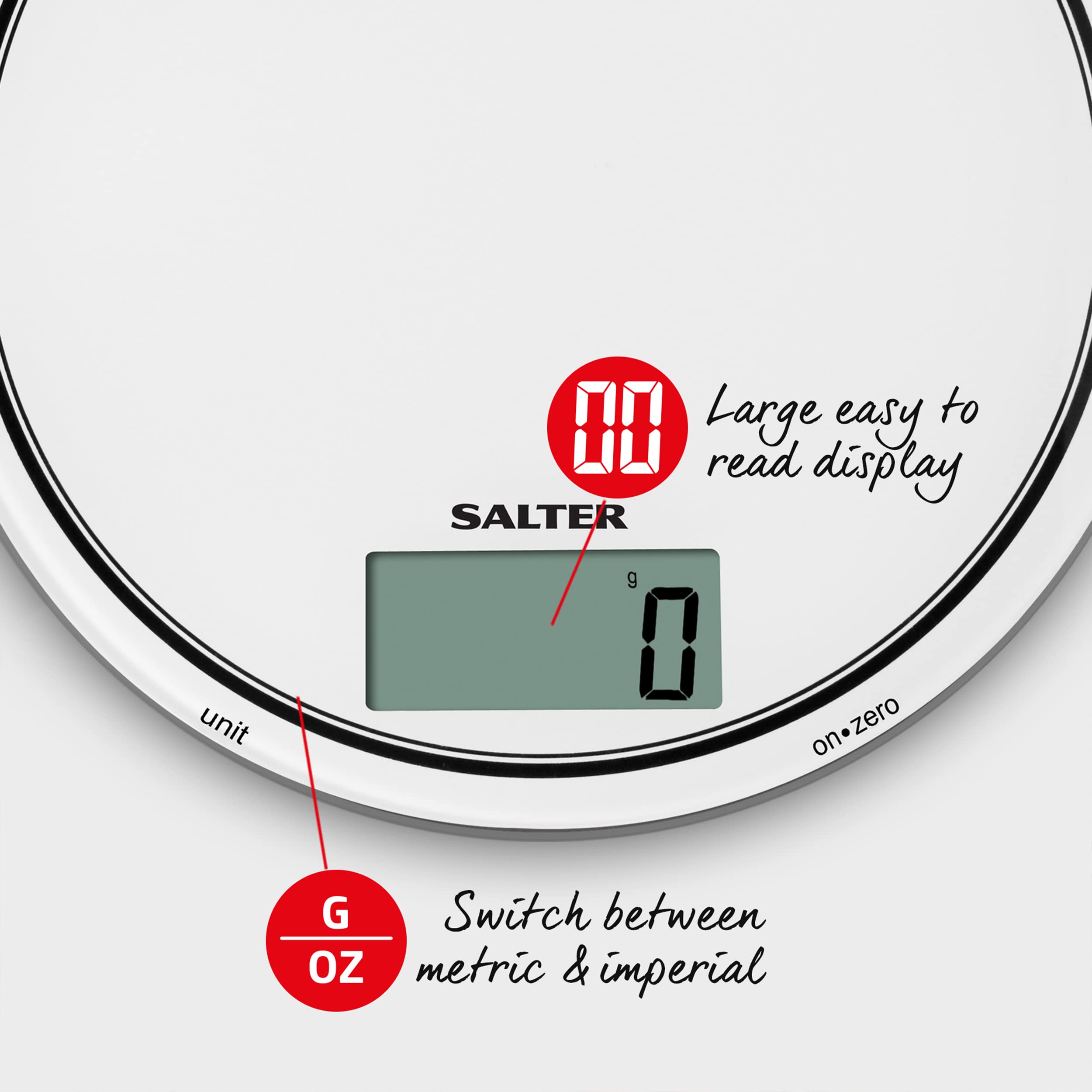 Salter 1080 WHDR12 Mono Circular Electronic Digital Kitchen Scale, 5KG, Zero Add & Weigh Function, Measure Liquids/Fluids, Touch Sensitive, Hygienic Easy Clean Glass Platform, Measure in g/oz, White