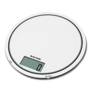 Salter 1080 WHDR12 Mono Circular Electronic Digital Kitchen Scale, 5KG, Zero Add & Weigh Function, Measure Liquids/Fluids, Touch Sensitive, Hygienic Easy Clean Glass Platform, Measure in g/oz, White