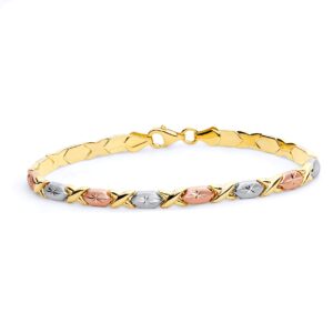 14k real tri color gold diamond cut stampato xoxo bracelet with lobster claw clasp - 7.25"