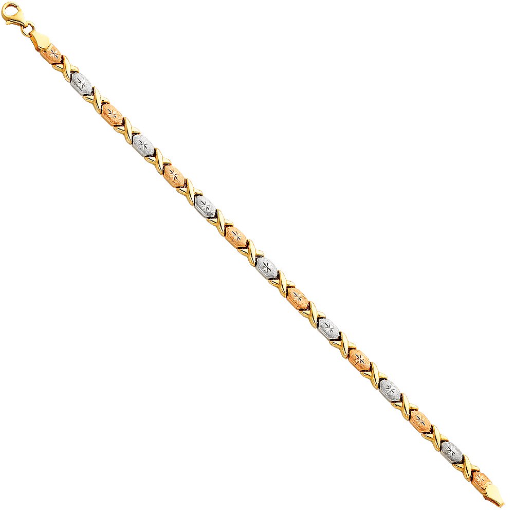 14k REAL Tri Color Gold Diamond Cut Stampato XOXO Bracelet with Lobster Claw Clasp - 7.25"