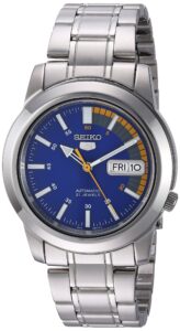 seiko snkk27 automatic watch for men 5-7s collection - blue dial with contrast, day/date calendar, luminous hands, stainless steel case & bracelet