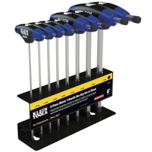 klein tools jth68m t-handle hex key set, metric sizes allen wrench set with 6-inch blades, stand included, 8-piece