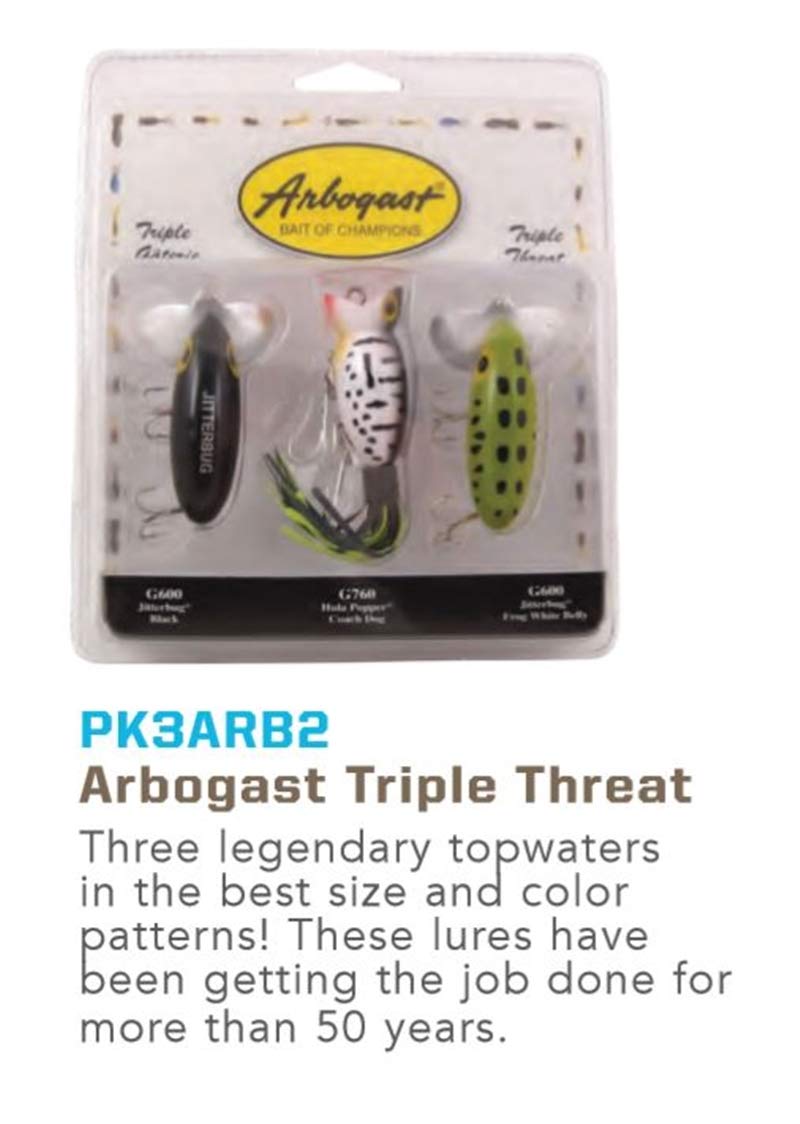 Arbogast Triple Threat Fishing Lure, Includes 2 Jitterbug Lures and 1 Hula Popper Lure, Freshwater Fishing Lures and Accessories