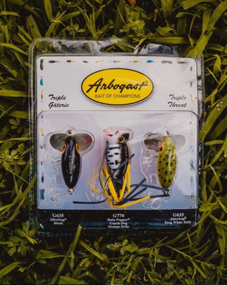 Arbogast Triple Threat Fishing Lure, Includes 2 Jitterbug Lures and 1 Hula Popper Lure, Freshwater Fishing Lures and Accessories