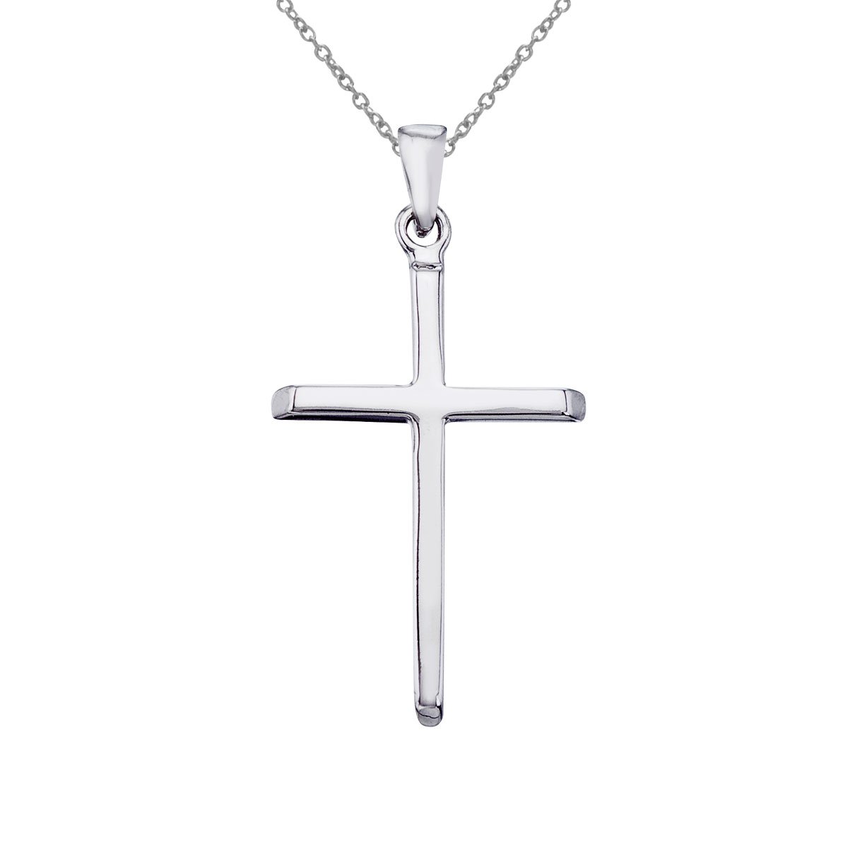 14K White Gold Plain Cross Pendant with 18" Chain