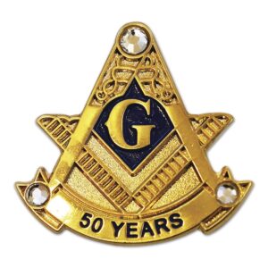 50 years square & compass with rhinestone masonic lapel pin - [gold & blue][1'' tall]