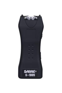 sabre stun gun with flashlight and belt holster, emits 1.60 powerful pain inducing microcoulombs (µc) charge, 120 lumen led flashlight, rubberized grip, compact design, rechargeable