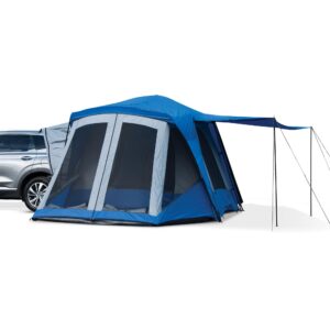 napier sportz suv tent 10'x10' waterproof camping tent with 6'x7' screen room and awning 6 person blue/grey car tent