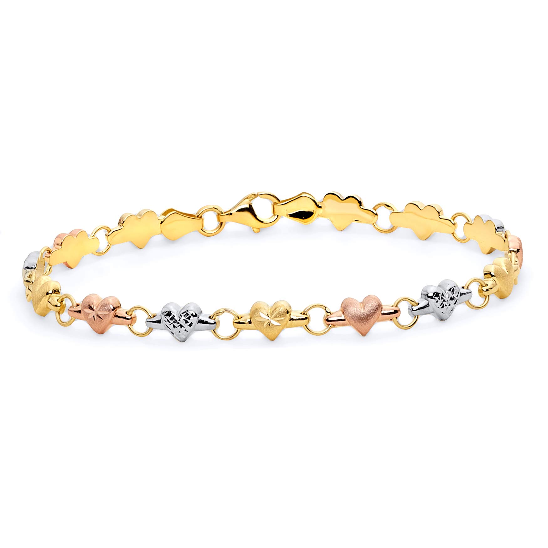 14k REAL Tri Color Gold Diamond Cut Stampato Heart Bracelet with Lobster Claw Clasp - 7.25"