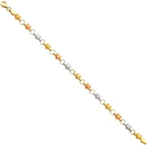 14k REAL Tri Color Gold Diamond Cut Stampato Heart Bracelet with Lobster Claw Clasp - 7.25"